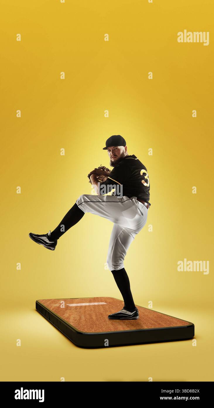 Online broadcast of baseball game. Handmade collage. Male baseball ...