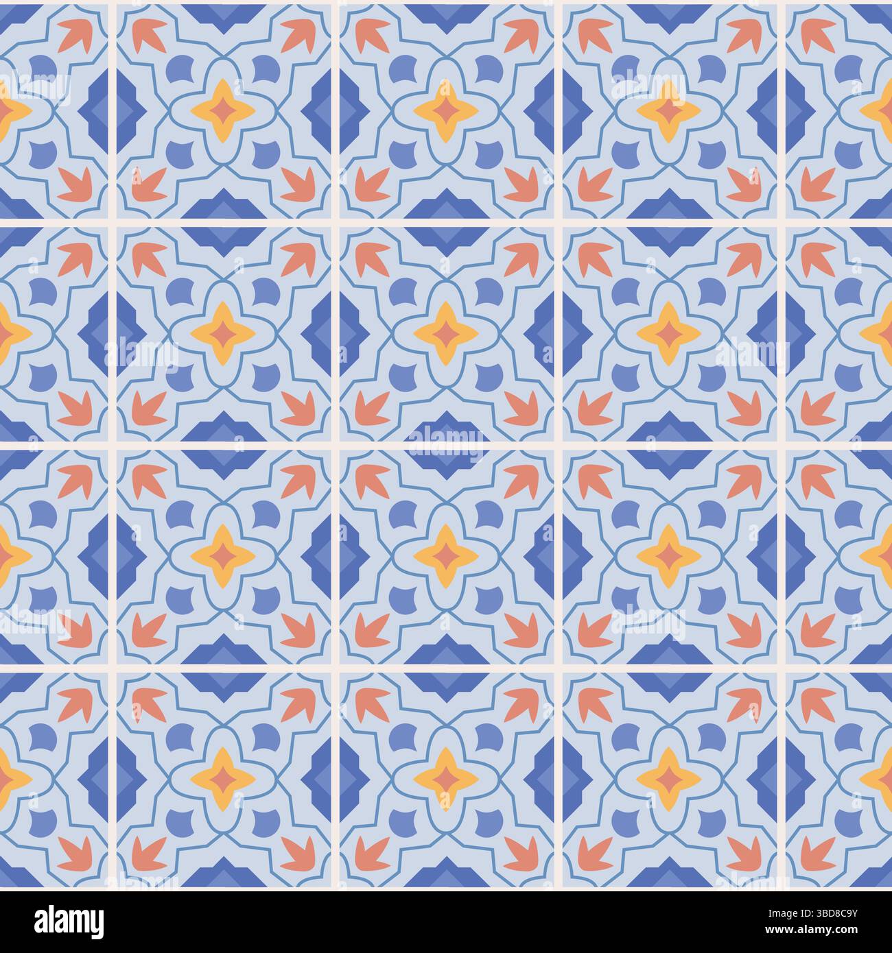 Simple modern turkish tiled seamless pattern. Cute vector blue floral ...
