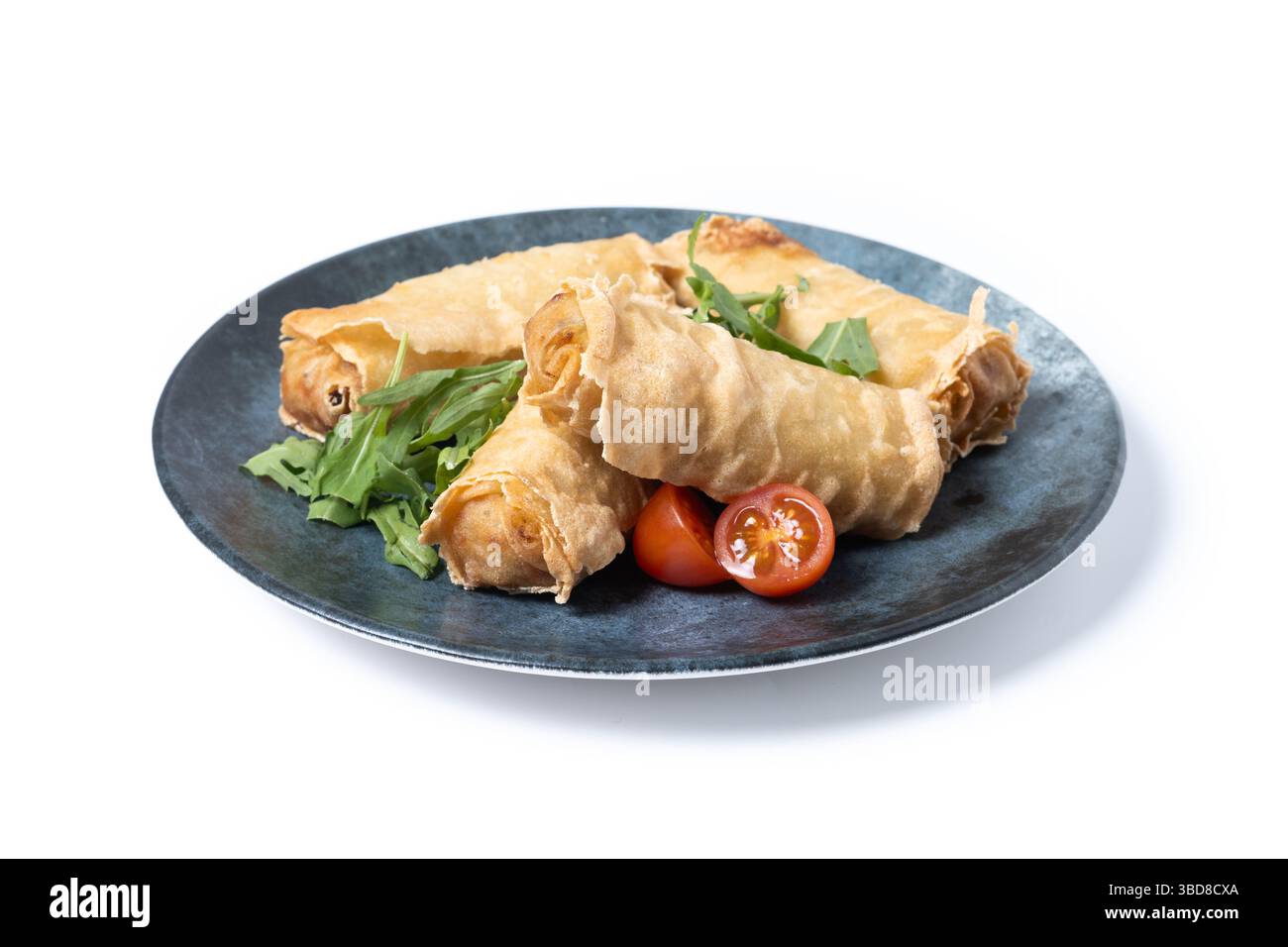 Crispy Spring Rolls on Ceramic Plate isolated on white background Stock ...