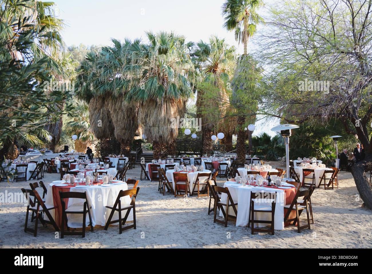 Outdoor rustic event with round tables among palm trees Stock Photo - Alamy