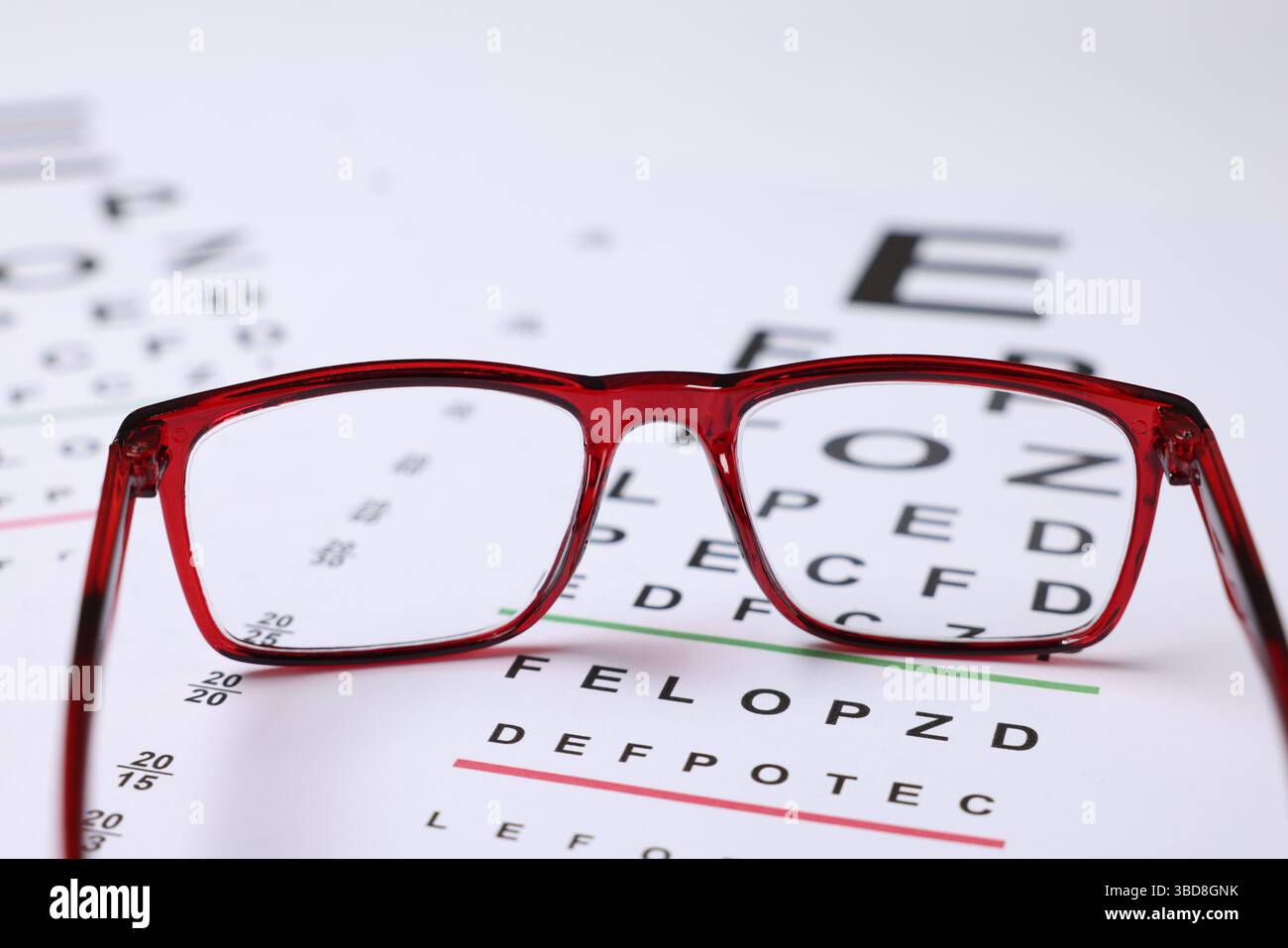 Glasses on vision test charts as background, closeup Stock Photo - Alamy