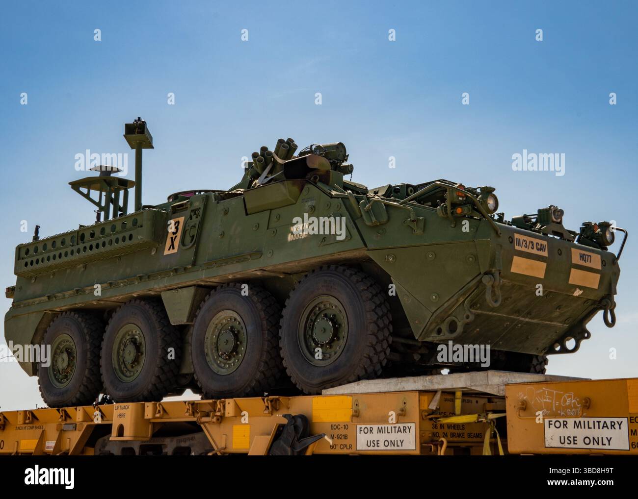 A M1126 Stryker moves forward on to a railhead at Fort Cavazos, Texas ...