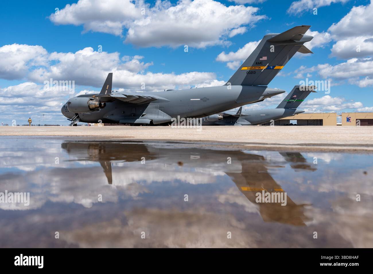 C-17 Globemaster III aircraft are shown on the flightline at Whiteman ...