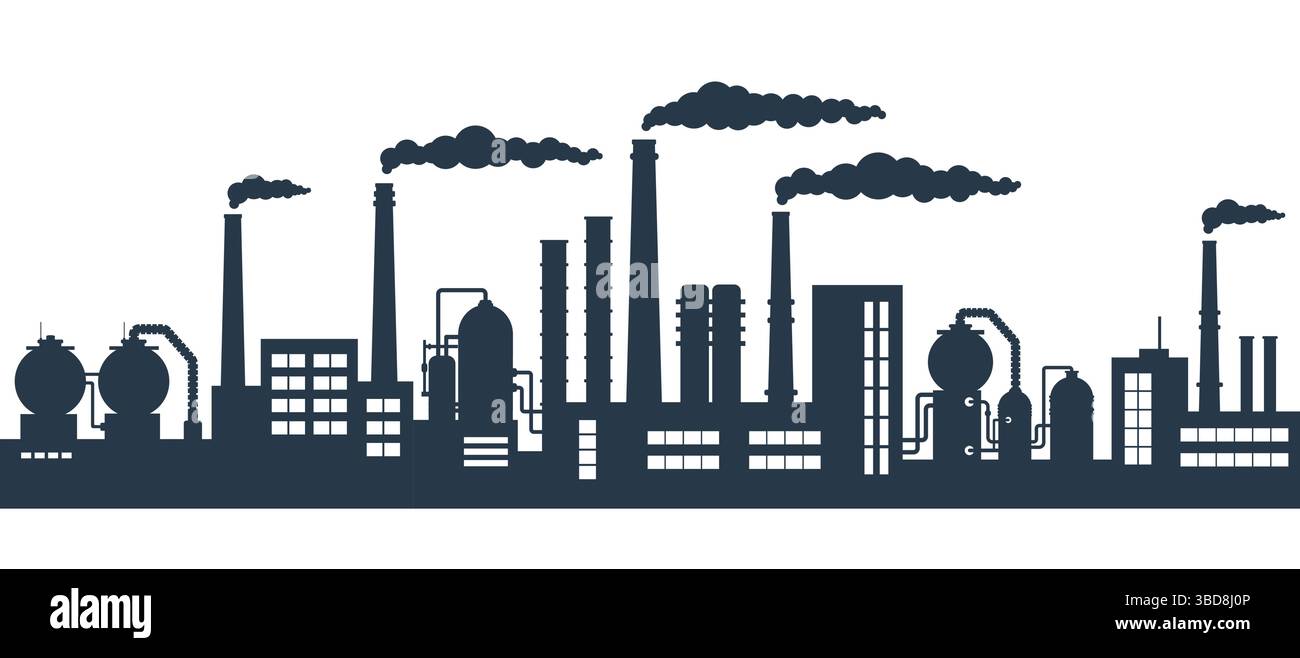 Industrial factories silhouette background. Oil refinery complex with ...