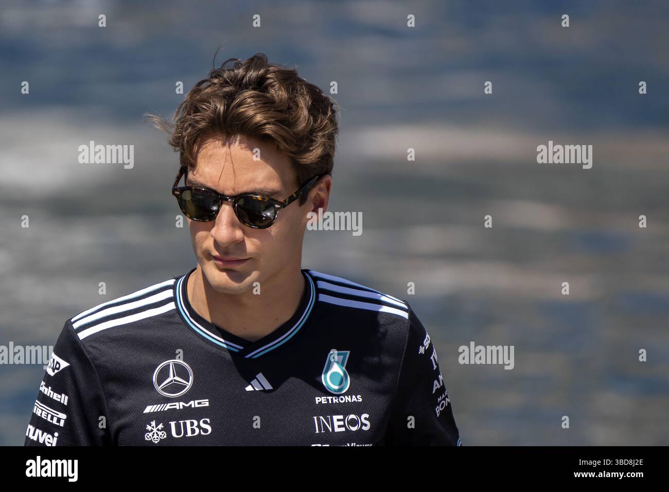 MONACO - George Russell (Mercedes) arrives prior to the first free ...