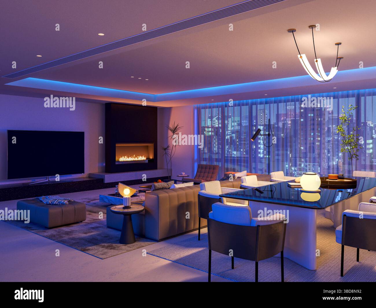 This perspective of the living room features a striking fireplace and ...