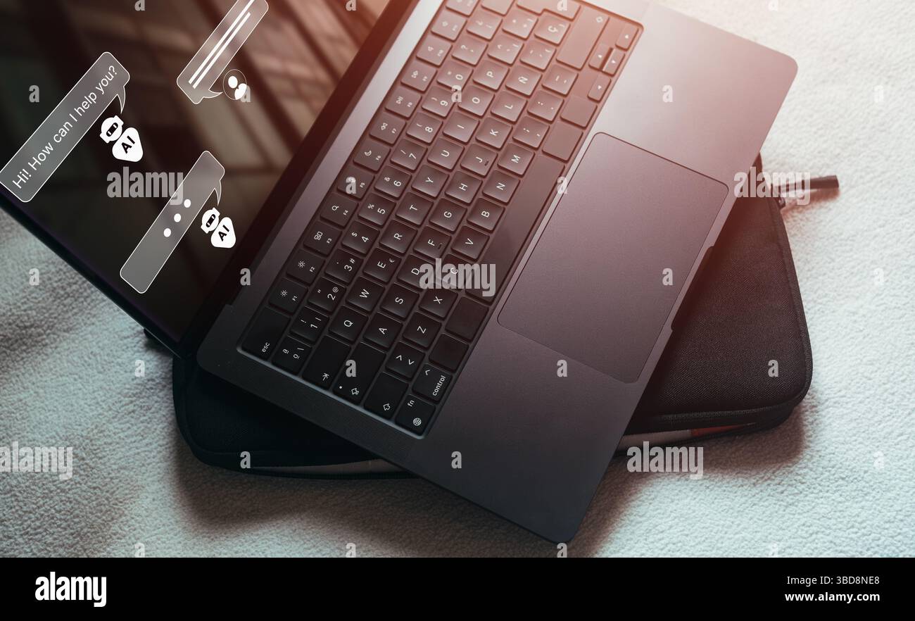 Laptop screen with chatbot on it. Robot application for conversation ...
