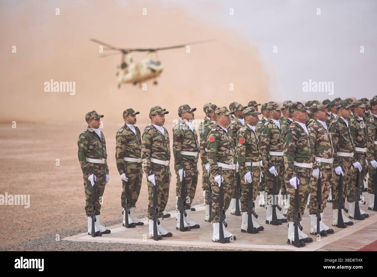 Members of the Moroccan Royal Armed Forces stand guard as they take ...