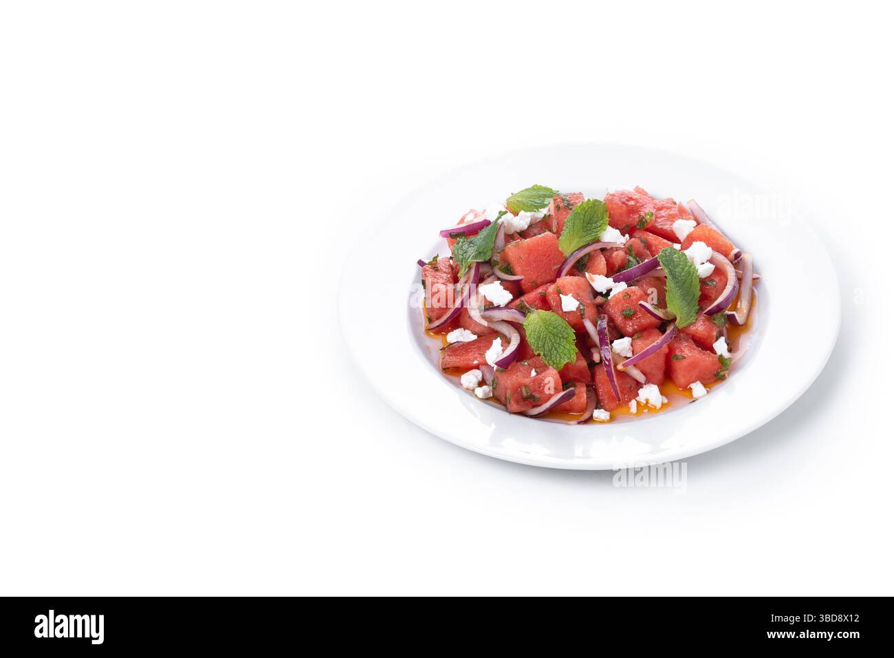 Fresh Watermelon Feta Salad with Mint and Red Onion isolated on white ...
