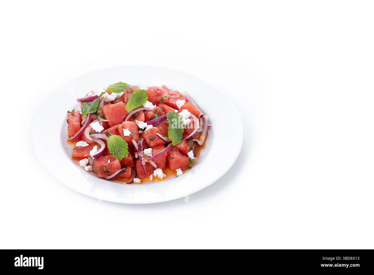 Fresh Watermelon Feta Salad with Mint and Red Onion isolated on white ...