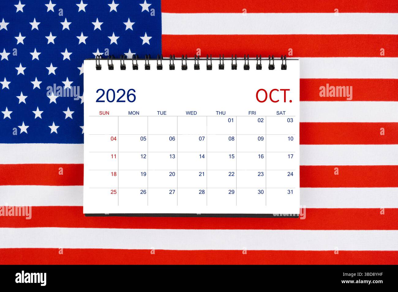 Blank October 2026 desk calendar on United States of America flag Stock ...