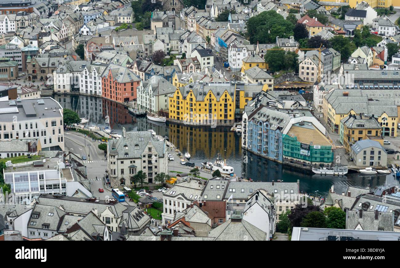 Aerial view of the historic center of Alesund on the west coast of ...