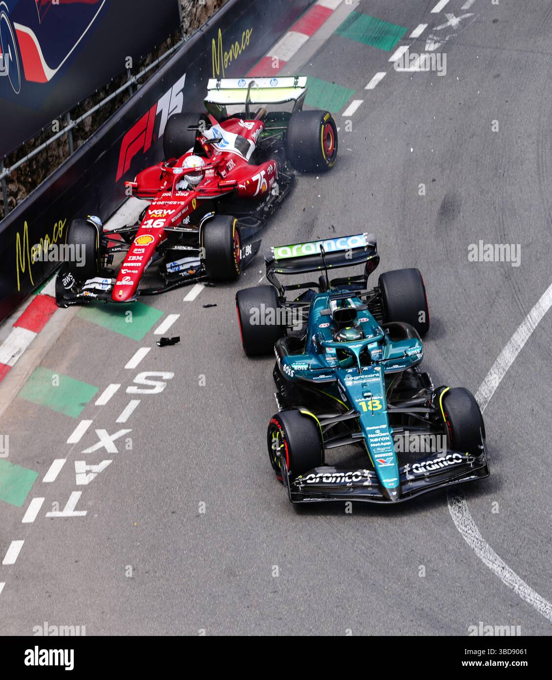 Ferrari's Charles Leclerc after colliding with Aston Martin's Lance ...