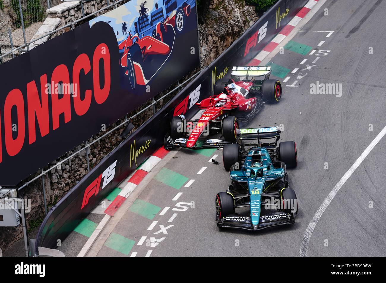Ferrari's Charles Leclerc after collides with Aston Martin's Lance ...