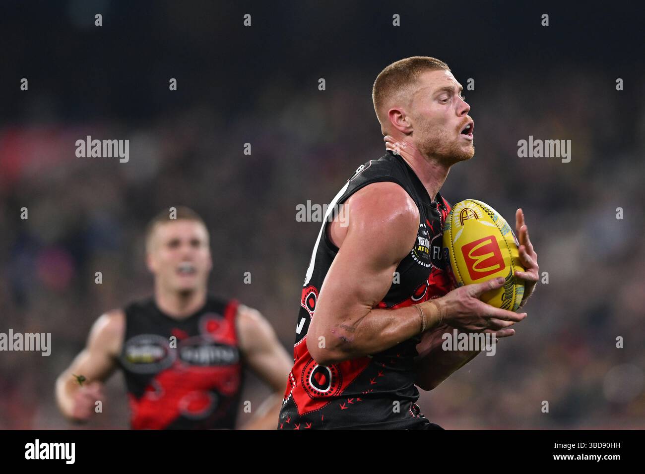 Melbourne, Australia. 23rd May, 2025. Peter Wright of Essendon marks ...