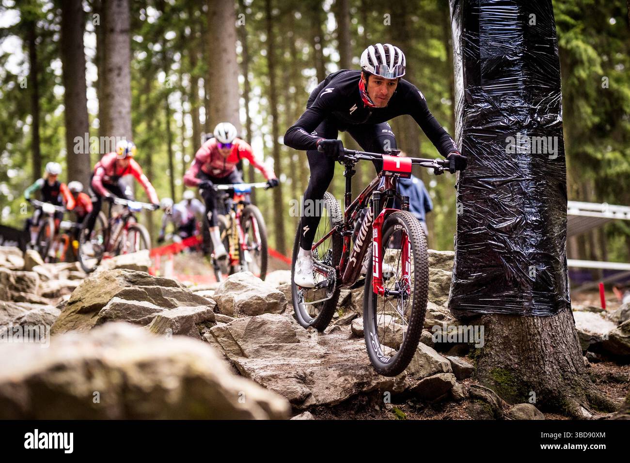 Christopher Blevins of USA during the training for Mountain bike cross ...