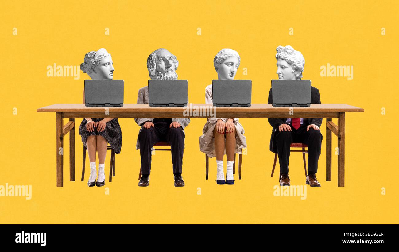 Modern collage. Four bust-headed office workers dressed formally stare ...