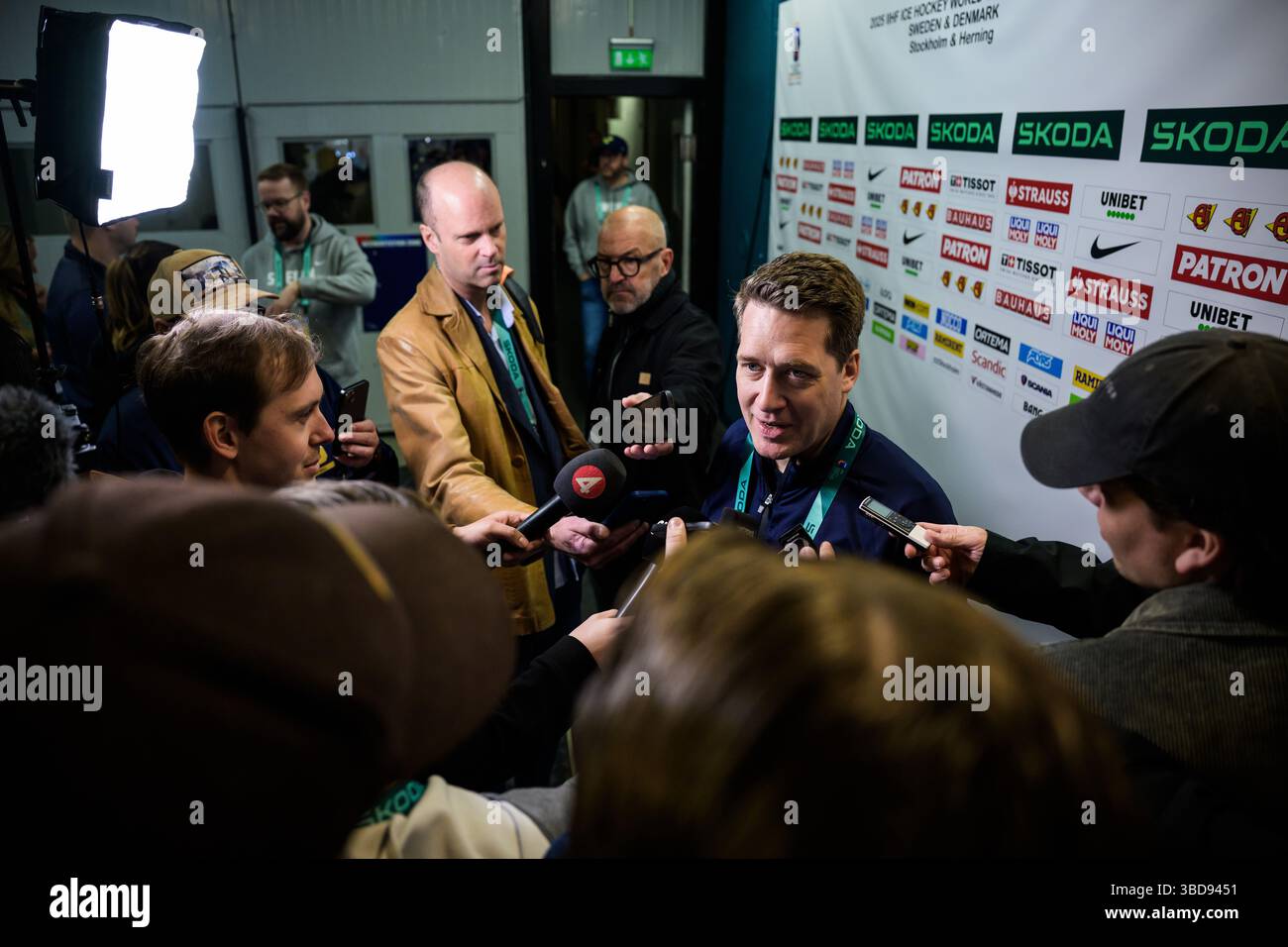 250523 Head coach Sam Hallam of Sweden is being interviewed by media at ...