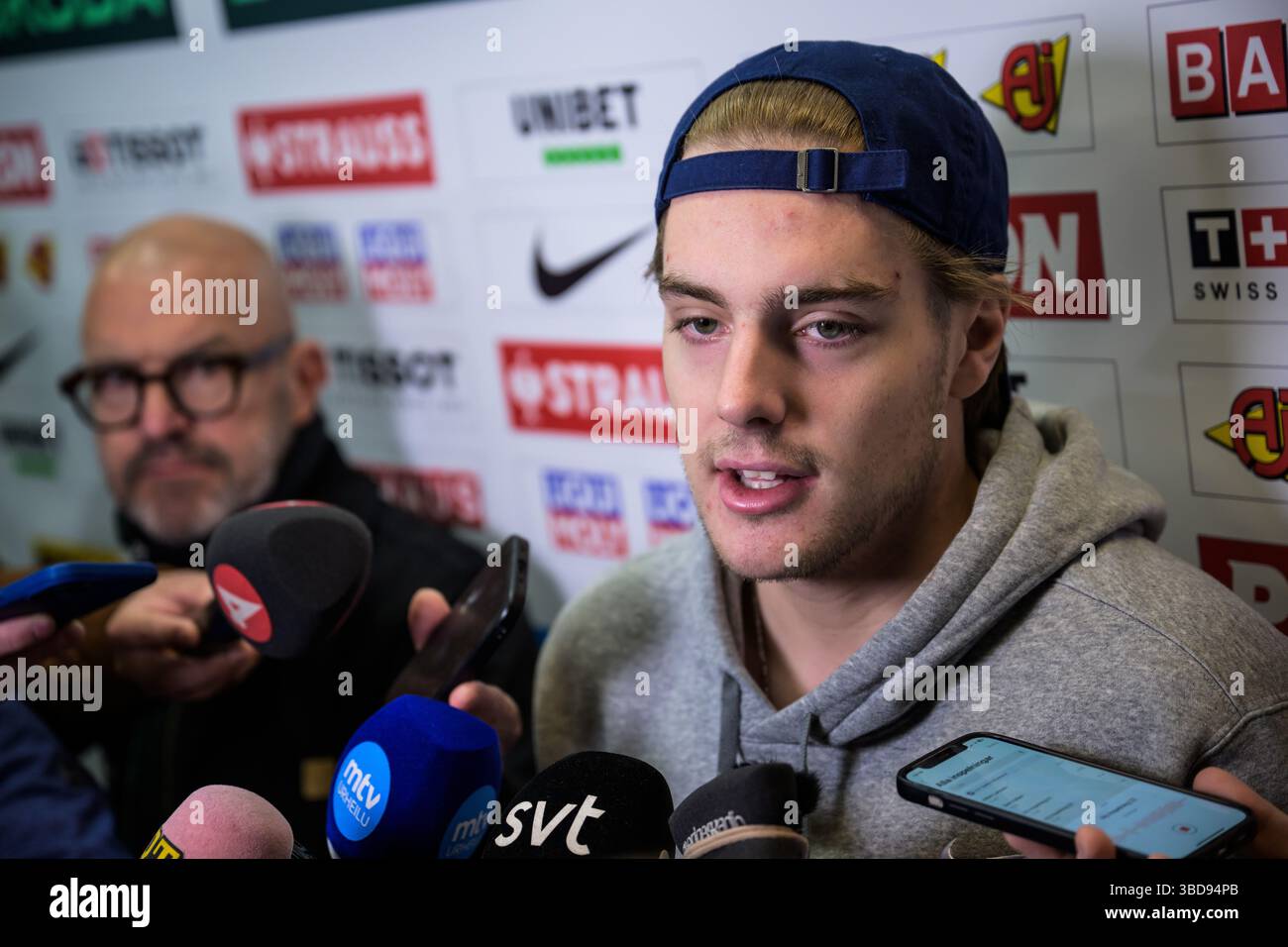 Leo Carlsson of, Sweden. , . is being interviewed by media at a ...