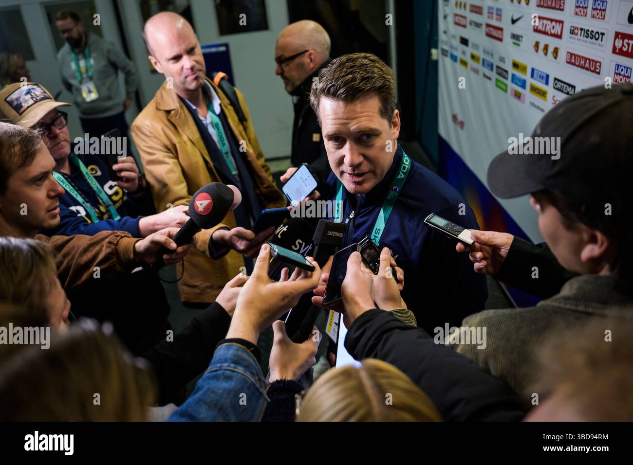 Head coach Sam Hallam of, Sweden. , . is being interviewed by media at ...