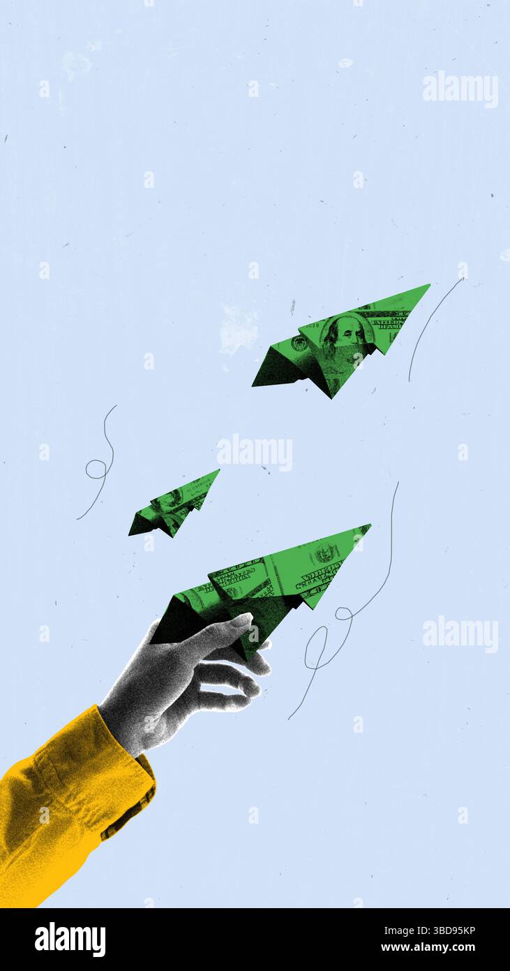 Hand launches paper planes made of crumpled dollar bills into sky ...