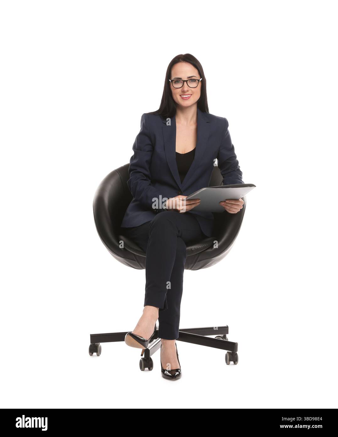 Professional psychologist with folder in office chair on white ...