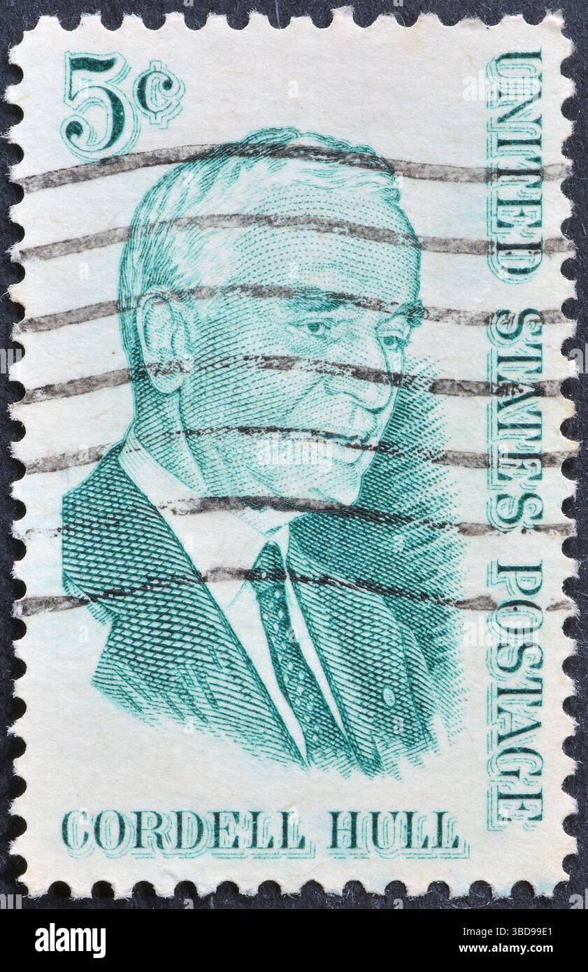 Cancelled postage stamp printed by USA, that shows portrait of Cordell ...