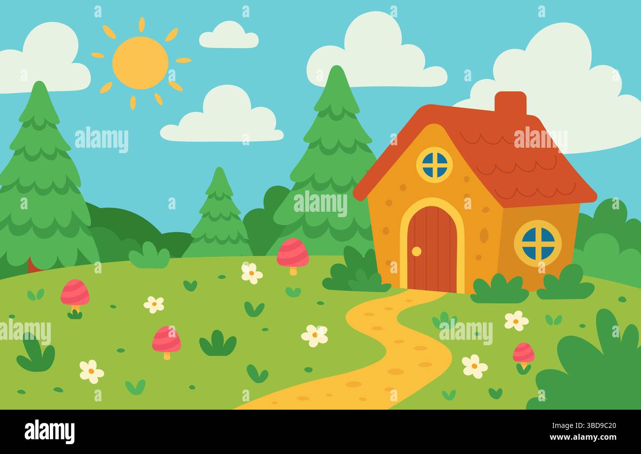 Cartoon countryside house in sunny meadow with pine trees, flowers ...