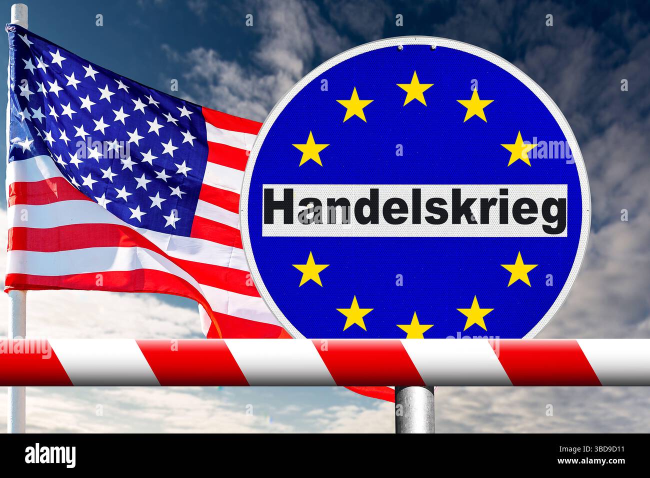 Germany - May 23, 2025: PHOTOMONTAGE, flag of the USA in front of a dark sky with a barrier and ...