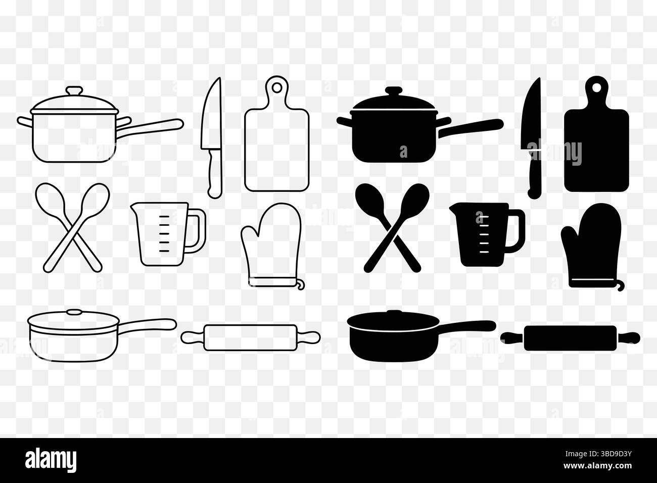 . Kitchen Tools Icon Set – Black Silhouette & Outline Cooking Utensils ...