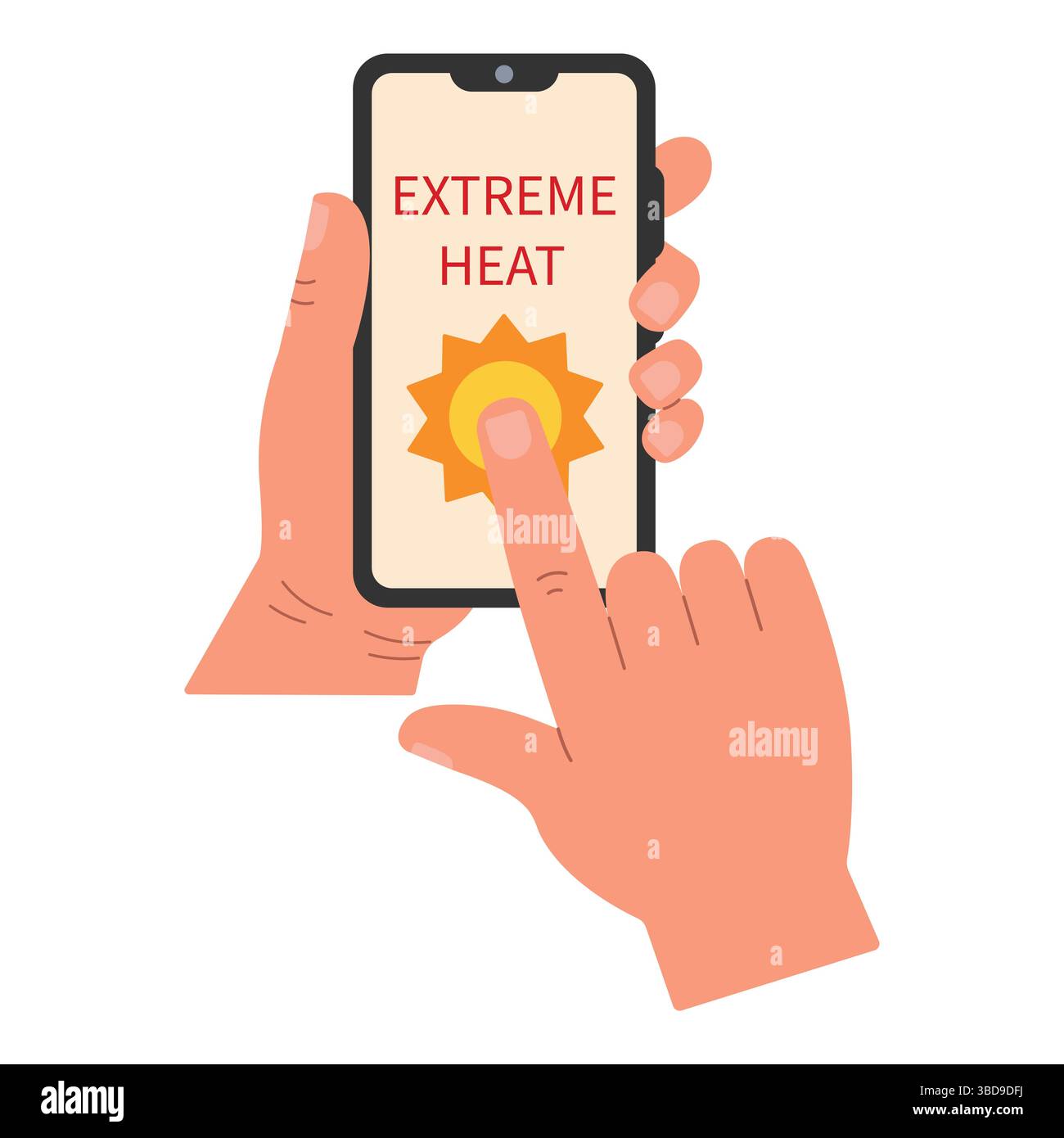 A hand holds a smartphone with a weather forecast on a mobile app. Extreme heat. A hot summer ...