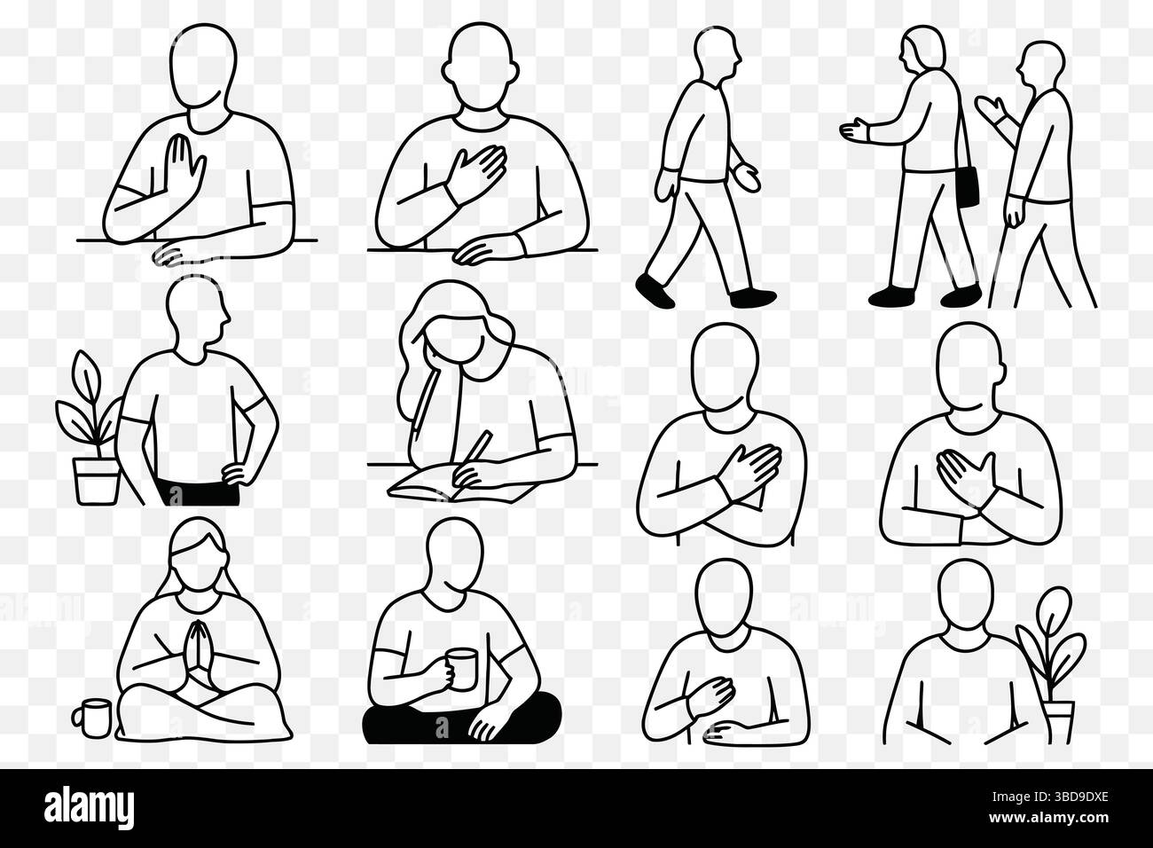 Mindful People One-Line Character Set – 12 Minimalist Human Poses Stock ...