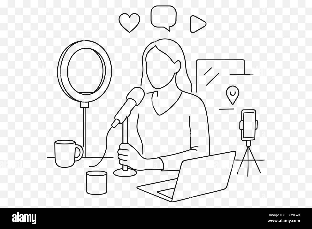 Content Creator Podcast Line Art – Woman Streaming with Microphone ...