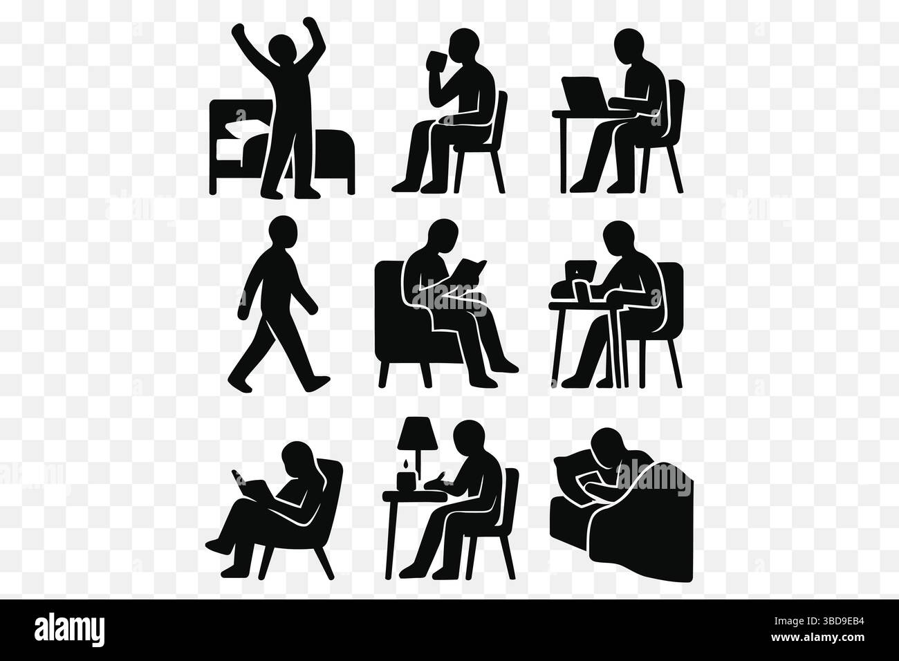 Daily Routine Silhouette Set – Morning Wake Up, Reading, Working, and ...