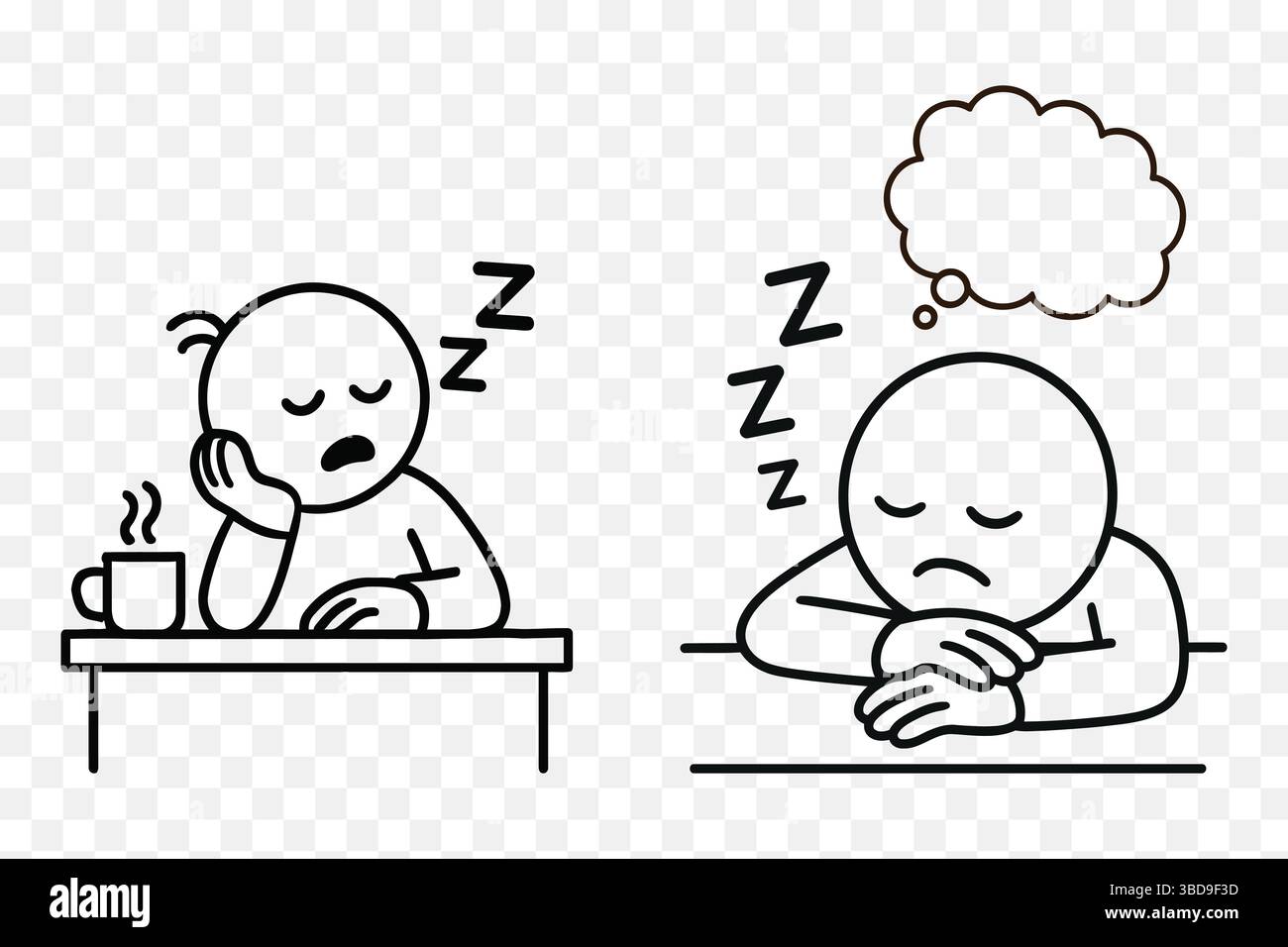Drowsy Office Worker Line Art – Sleepy Characters with Coffee & Thought ...