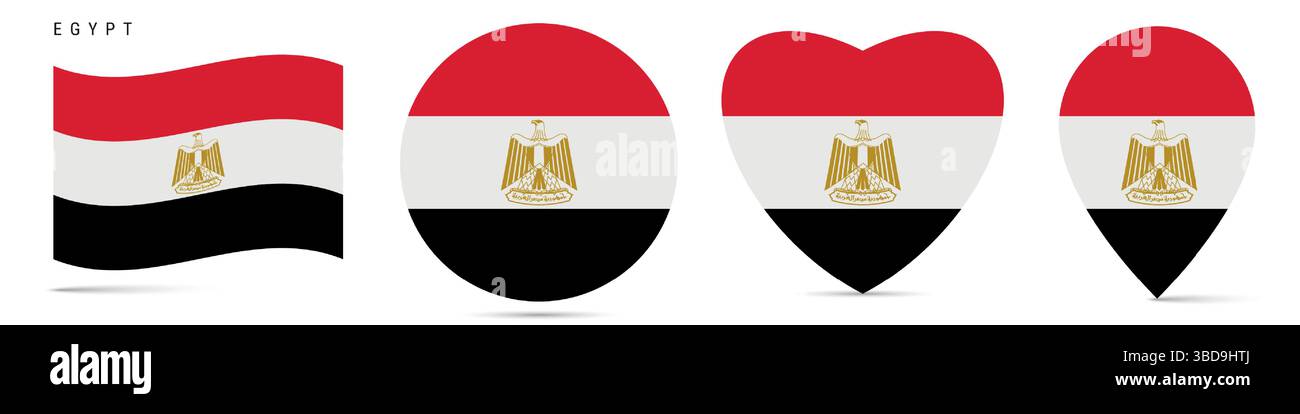 Egypt waving flag, round circle sticker badge, heart shaped icon, map pin. Egyptian flag buttons ...