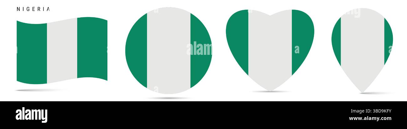 Nigeria waving flag, round circle sticker badge, heart shaped icon, map ...