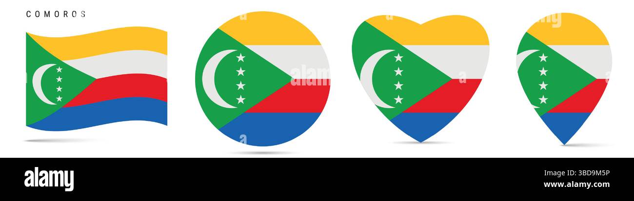 Comoros waving flag, round circle sticker badge, heart shaped icon, map ...