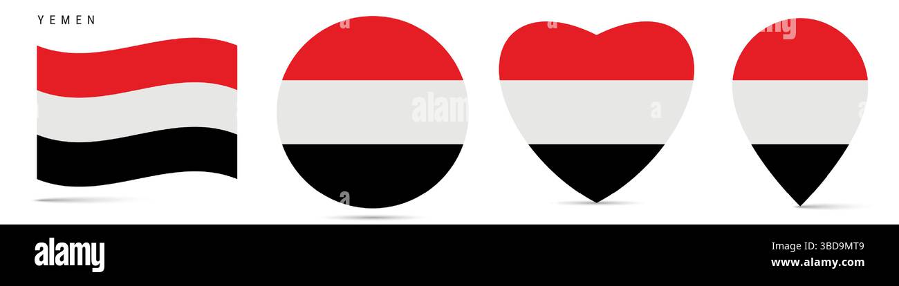 Yemen waving flag, round circle sticker badge, heart shaped icon, map pin. Yemeni flag buttons ...