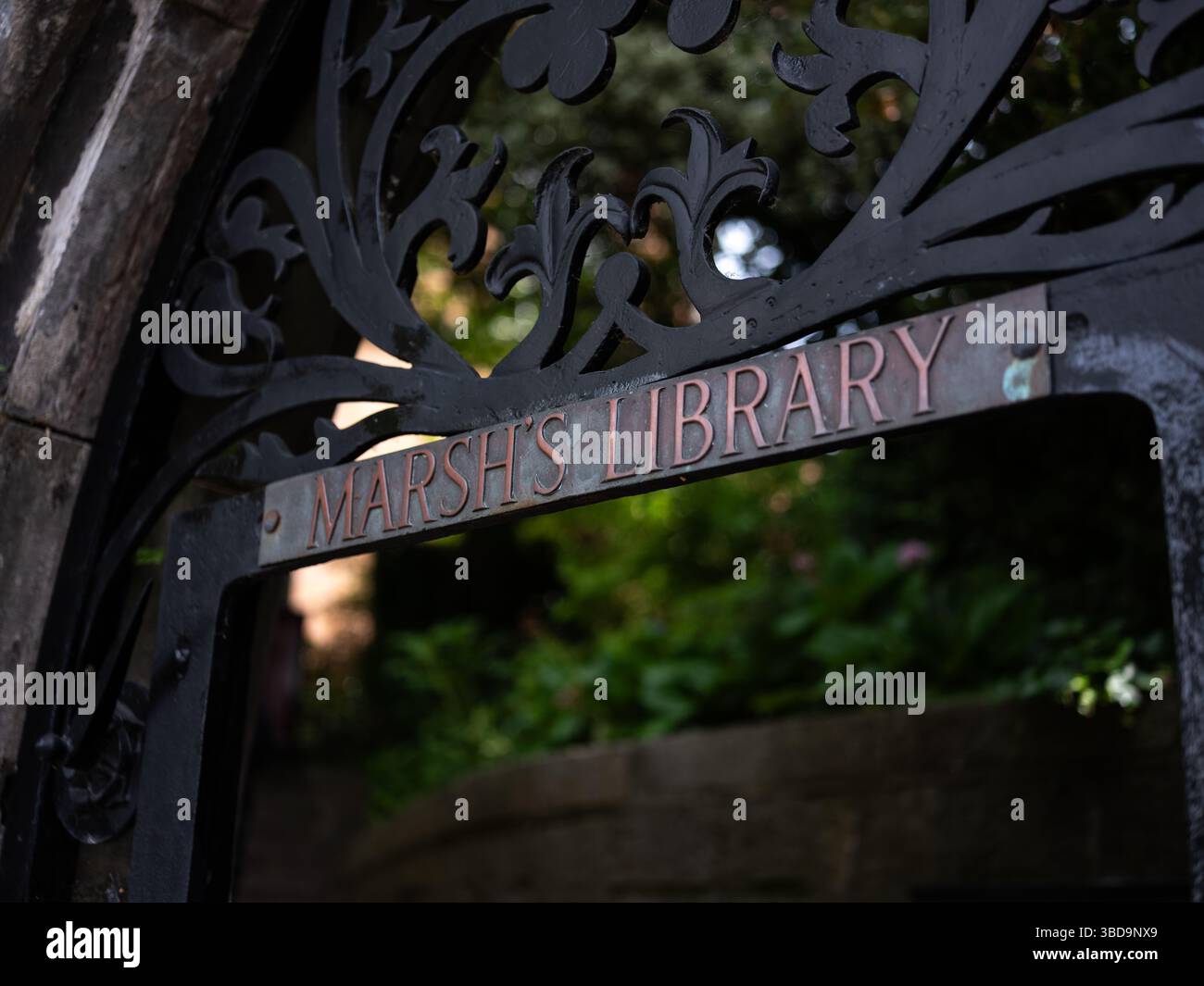 The entrance with wrought iron sign to Marsh's Library in Dublin city ...