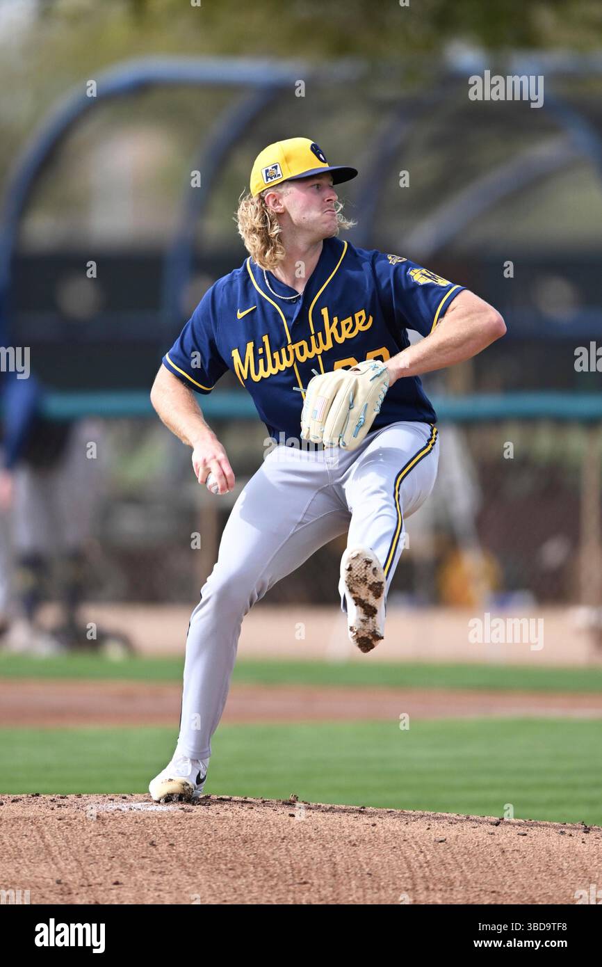 Milwaukee Brewers pitcher KC Hunt (20) delivers a pitch during a Spring ...