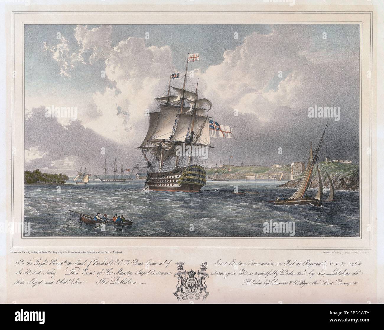 A print of a view of His Majesty's ship Britannia leaving port 1840 ...