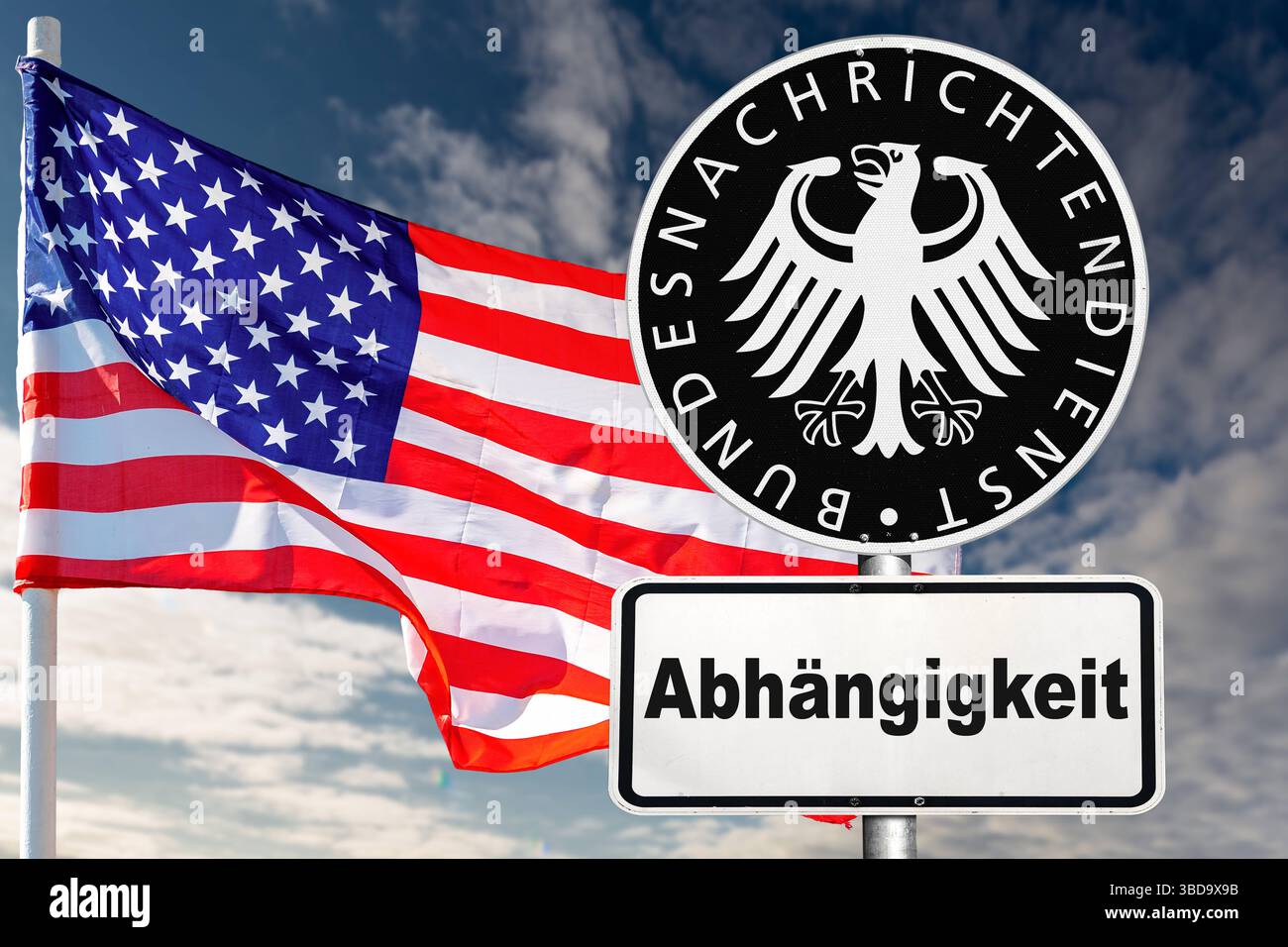 Germany - May 23, 2025: PHOTOMONTAGE, sign with inscription Bundesnachrichtendienst and ...