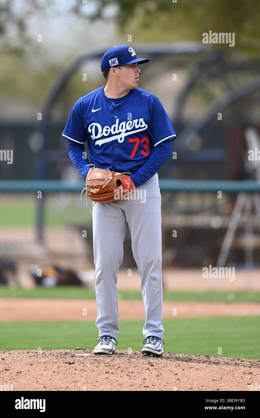 Los Angeles Dodgers pitcher Logan Tabeling (73) looks in for the sign ...