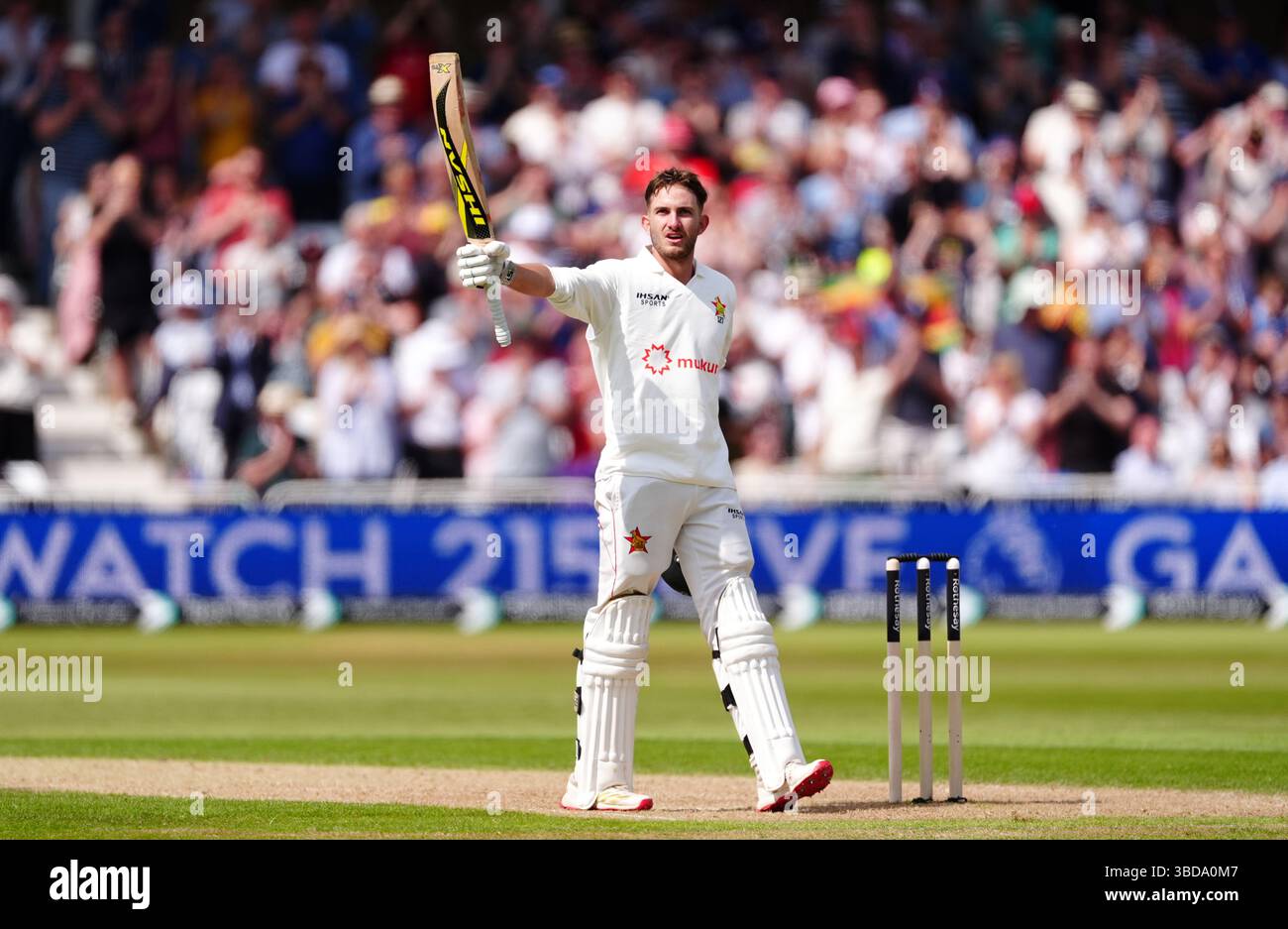 Zimbabwe's Brian Bennett celebrates 100 runs on day two of the Rothesay ...