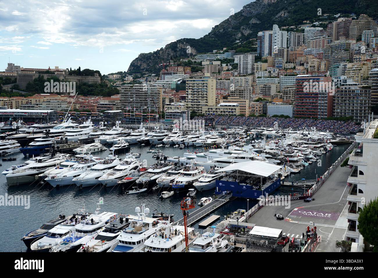 A view of boats in Port Hercule as drivers take the Nouvelle Chicane ...