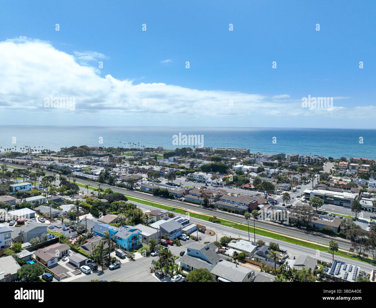 Aerial view of wealthy Encinitas town with blue ocean in San Diego ...