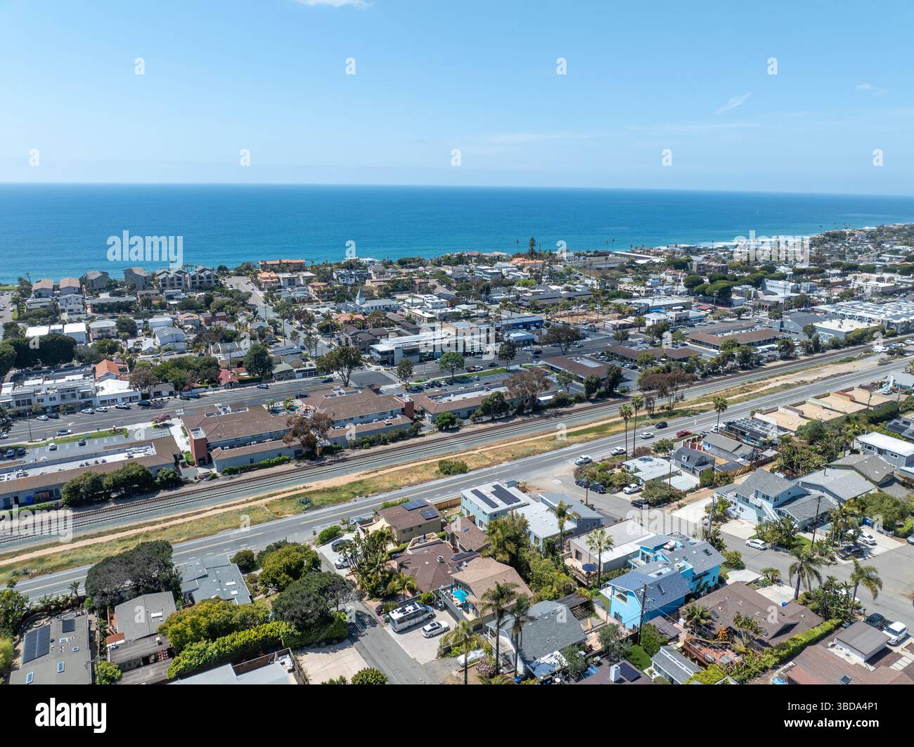Aerial view of wealthy Encinitas town with blue ocean in San Diego ...