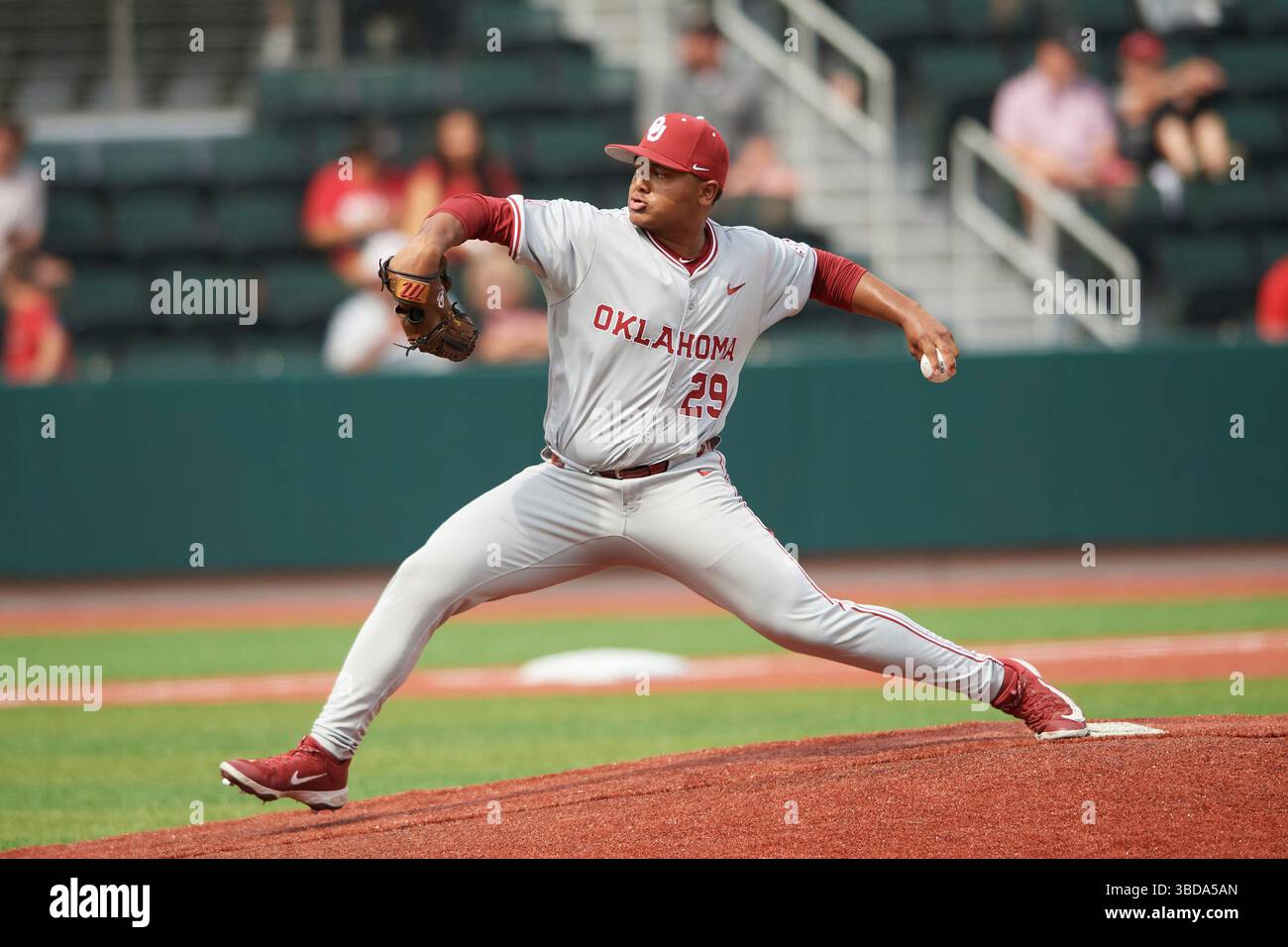 Oklahoma Sooners pitcher Jaden Barfield (29) delivers a pitch during a ...
