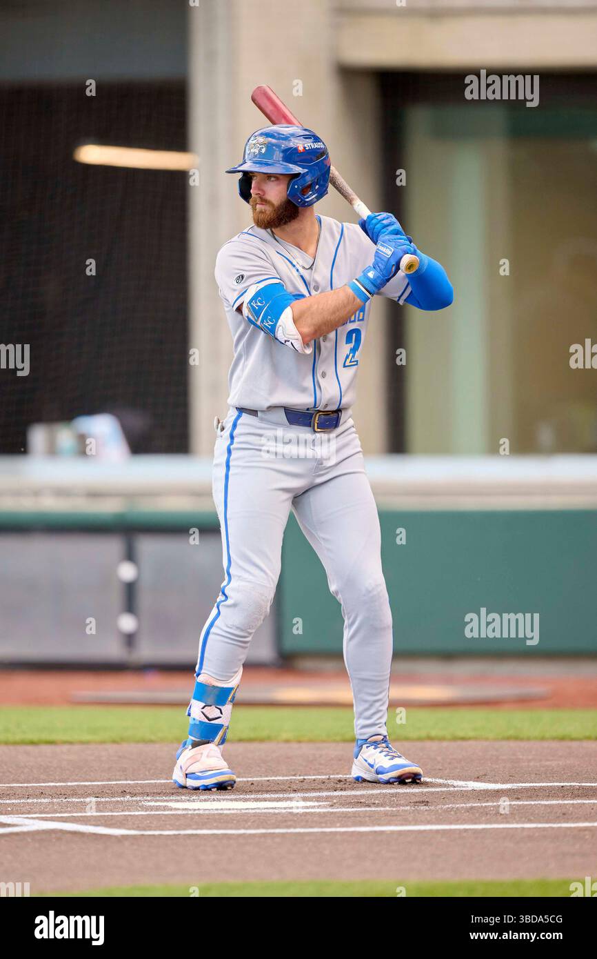 John Rave (2) of the Omaha Storm Chasers at bat against the Salt Lake ...
